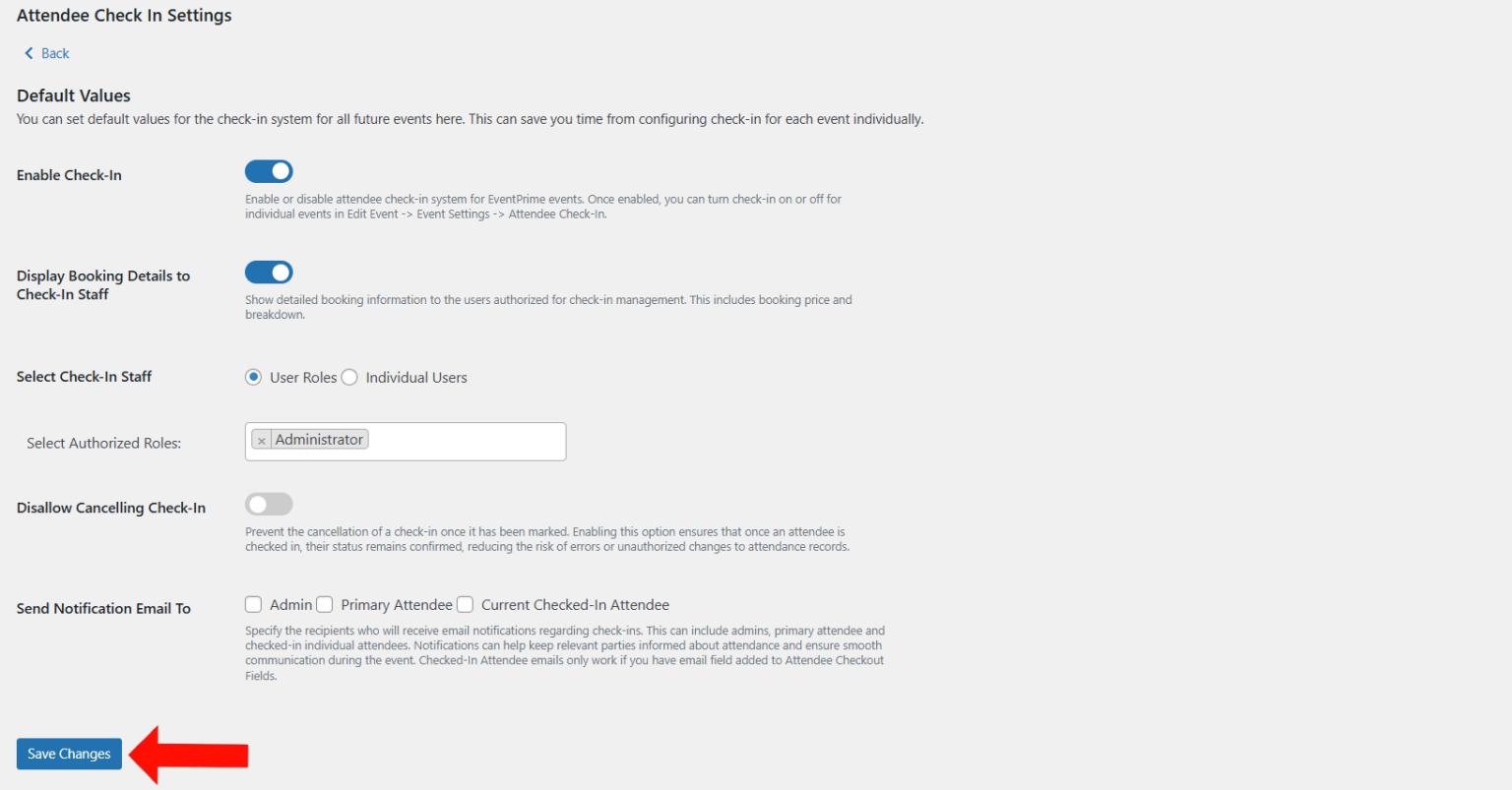 attendee check in setting page - EventPrime