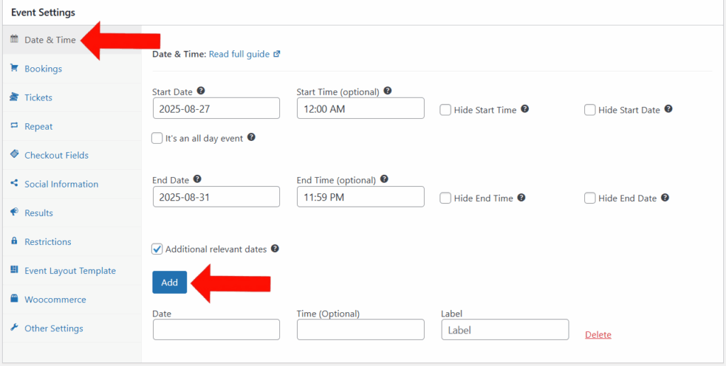 date and time tab for additional date - EventPrime
